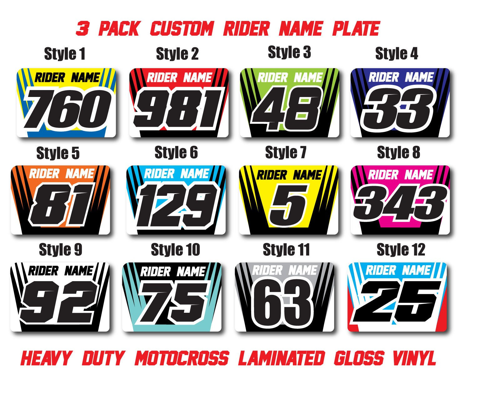 3x Number Plate Decal Stickers Custom Name Motocross Race Graphics ...