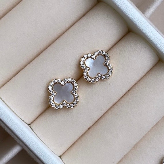 Luxury 925 Sterling Silver GOLD Stud Earrings GOLD Genuine Mother of Pearl Clover Jewellery Clover Earrings Etsy