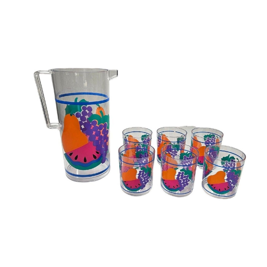 Vintage Plastic MCM Fruit Pitcher and Cups Set (7 Pieces) Colorful ...