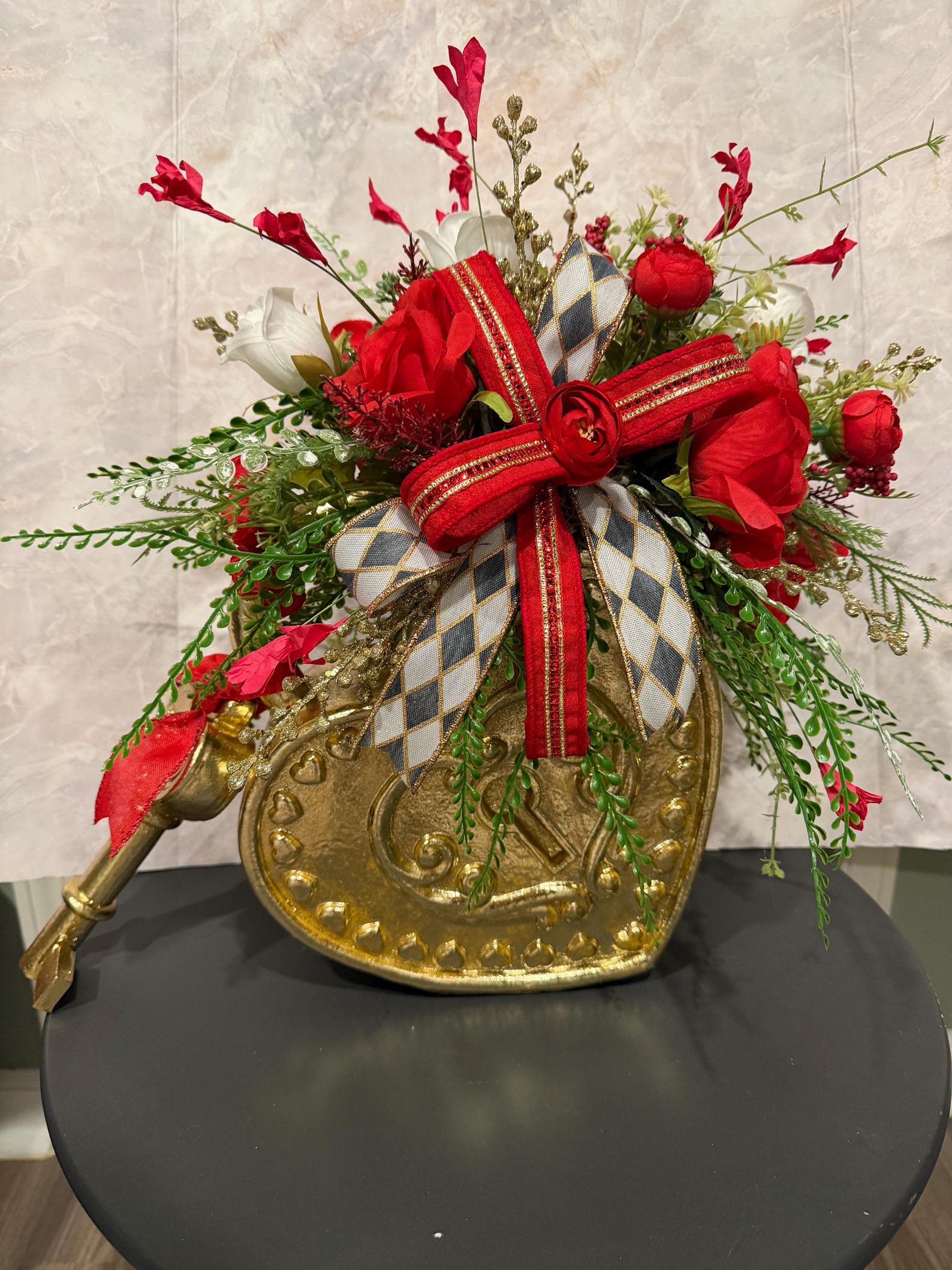 Romantic Gold Heart Key Floral Centerpiece | Valentine’s Day Decor ...