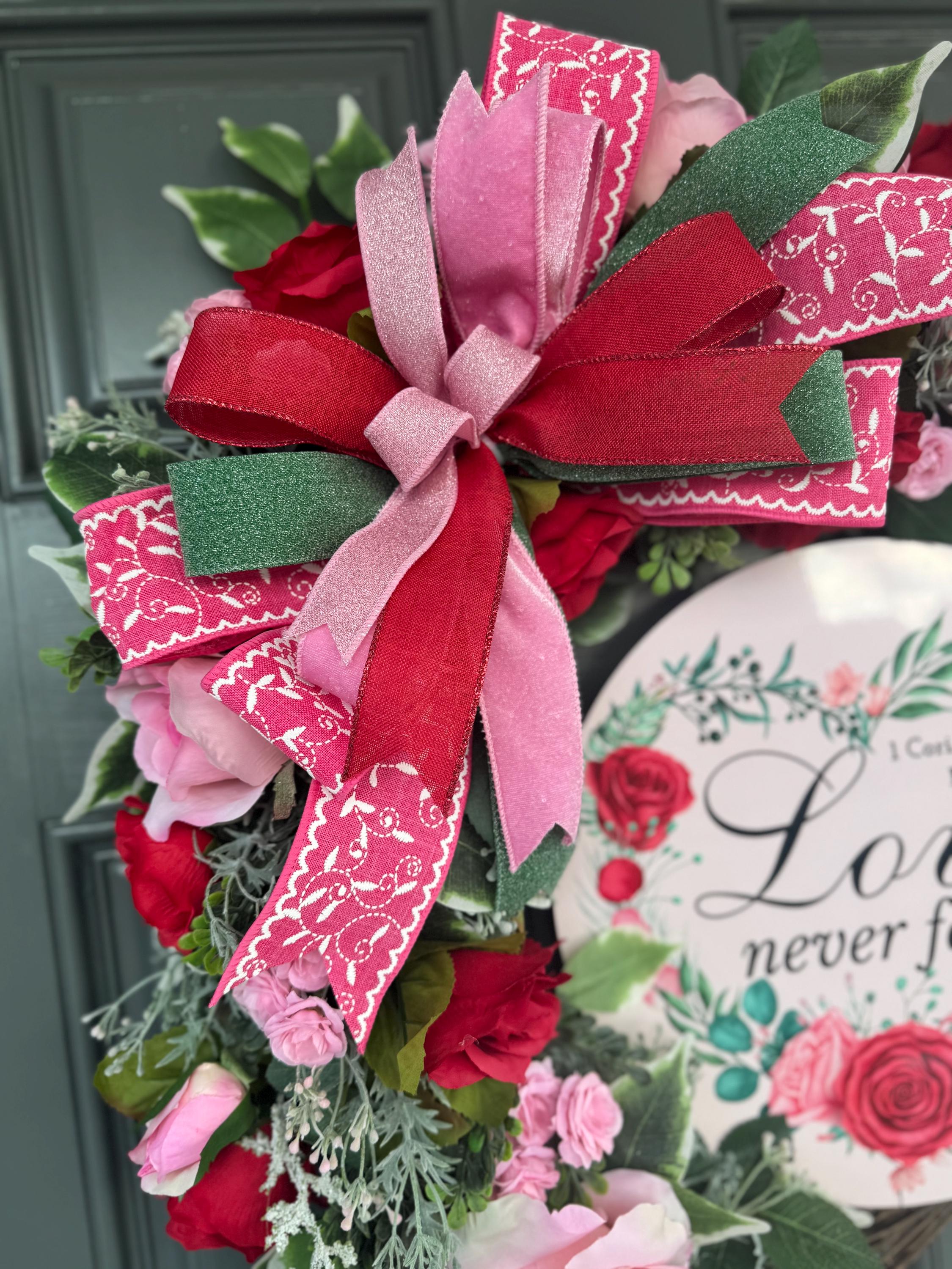 Rose Grapevine Wreath, Pink and Red Floral, "love Never Fails" Sign - Etsy