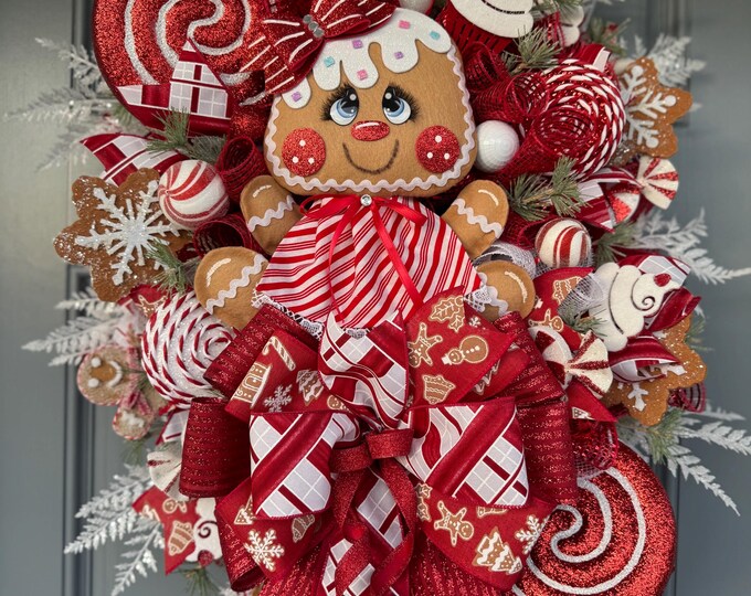 Gingerbread Girl Christmas Wreath, Candyland Holiday Wreath, Red ...