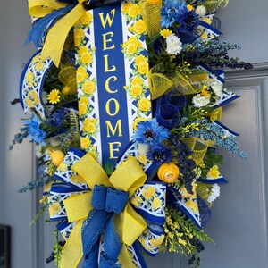Welcome Wreath: Blue, Yellow Floral Door Decor - Etsy