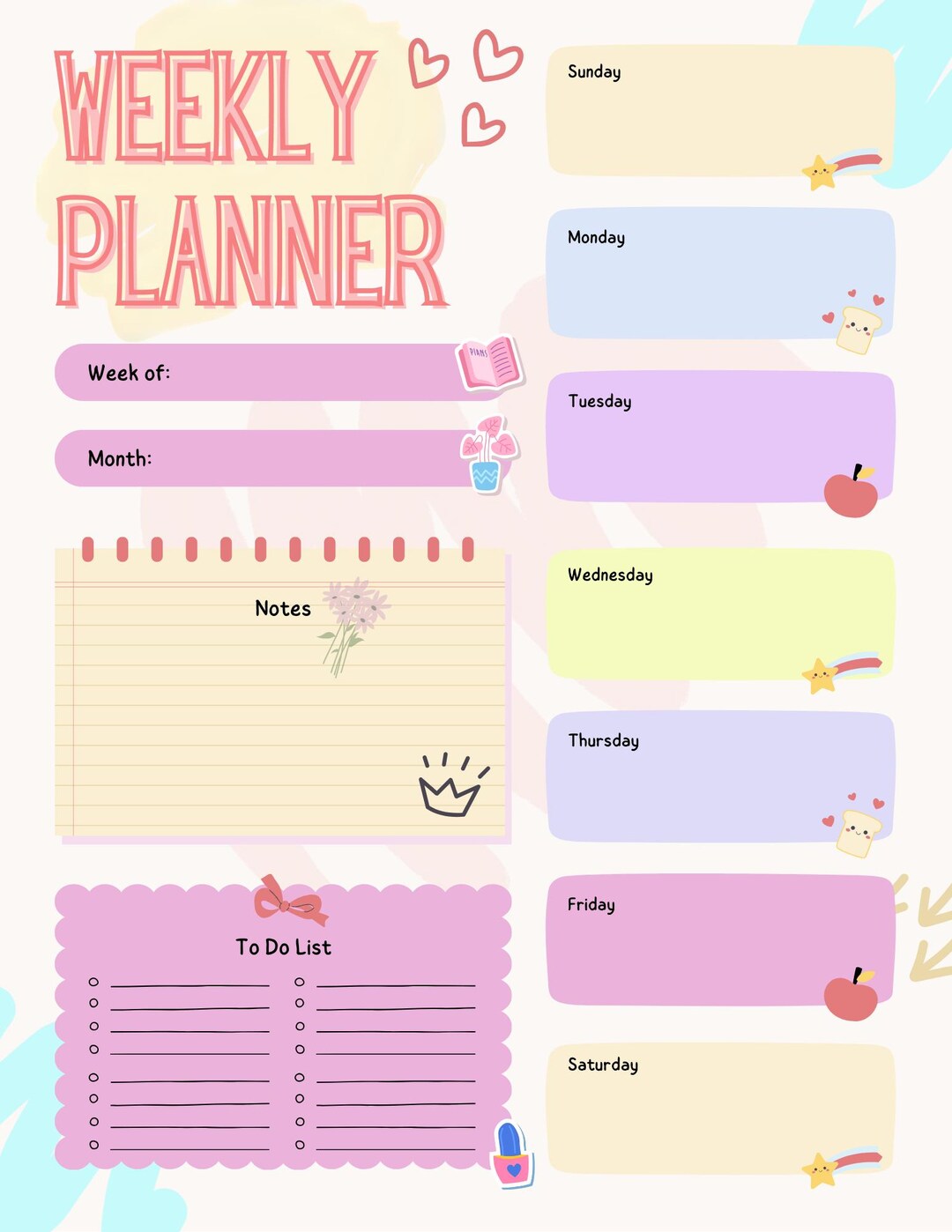Playful Weekly Planner Printable: Bright Colorful Organizer (PDF ...