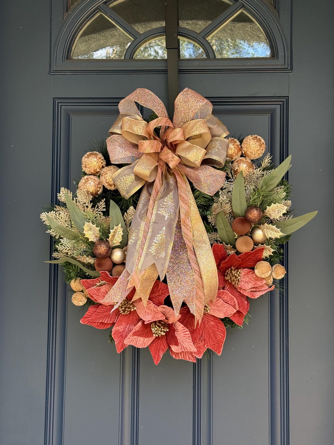 Lighted Christmas Wreath – Mauve Poinsettias, Gold Accents, Holiday ...