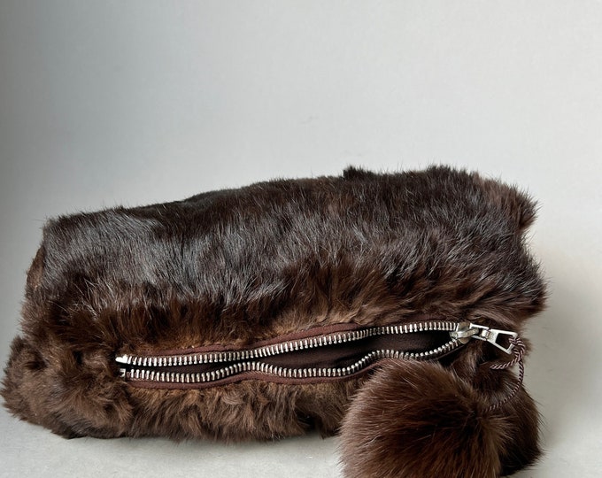 Vintage Real Brown Fur Hand Muffs With Zipped Pouch and Pompoms, Mid ...