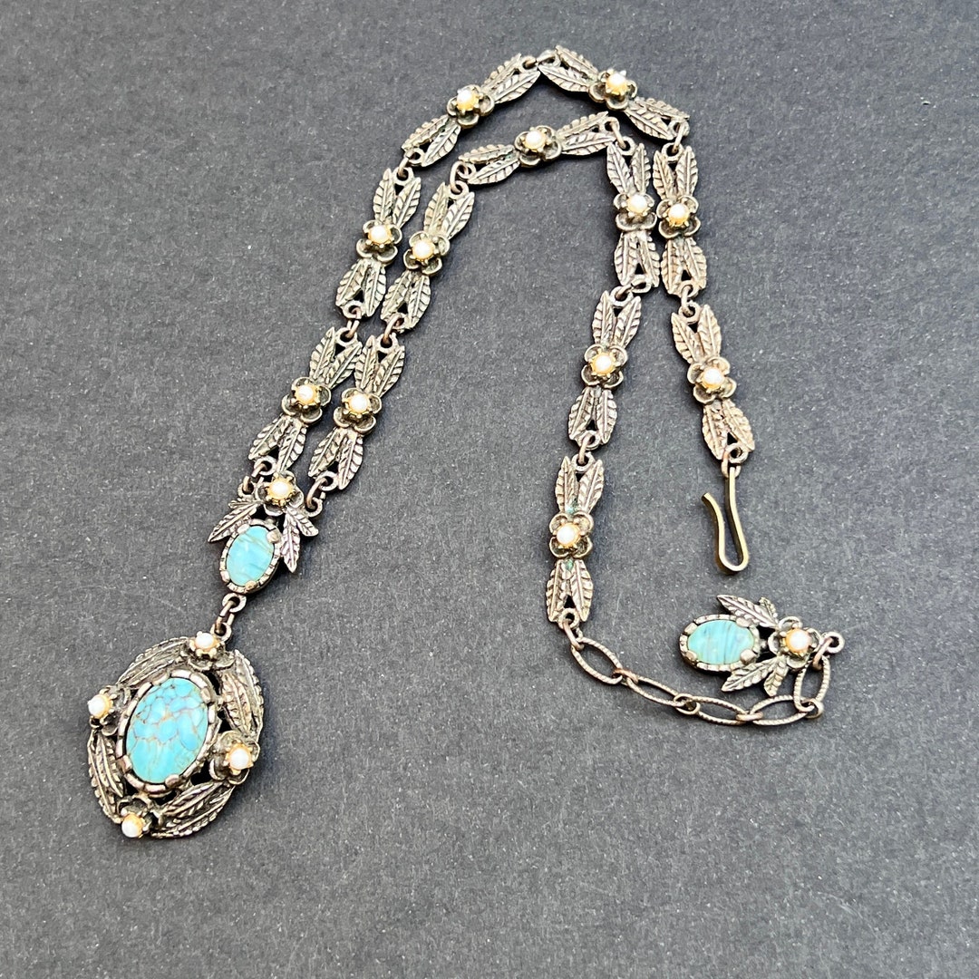 Vintage Signed MIRACLE Celtic Pendant Negligee Necklace With Turquoise ...