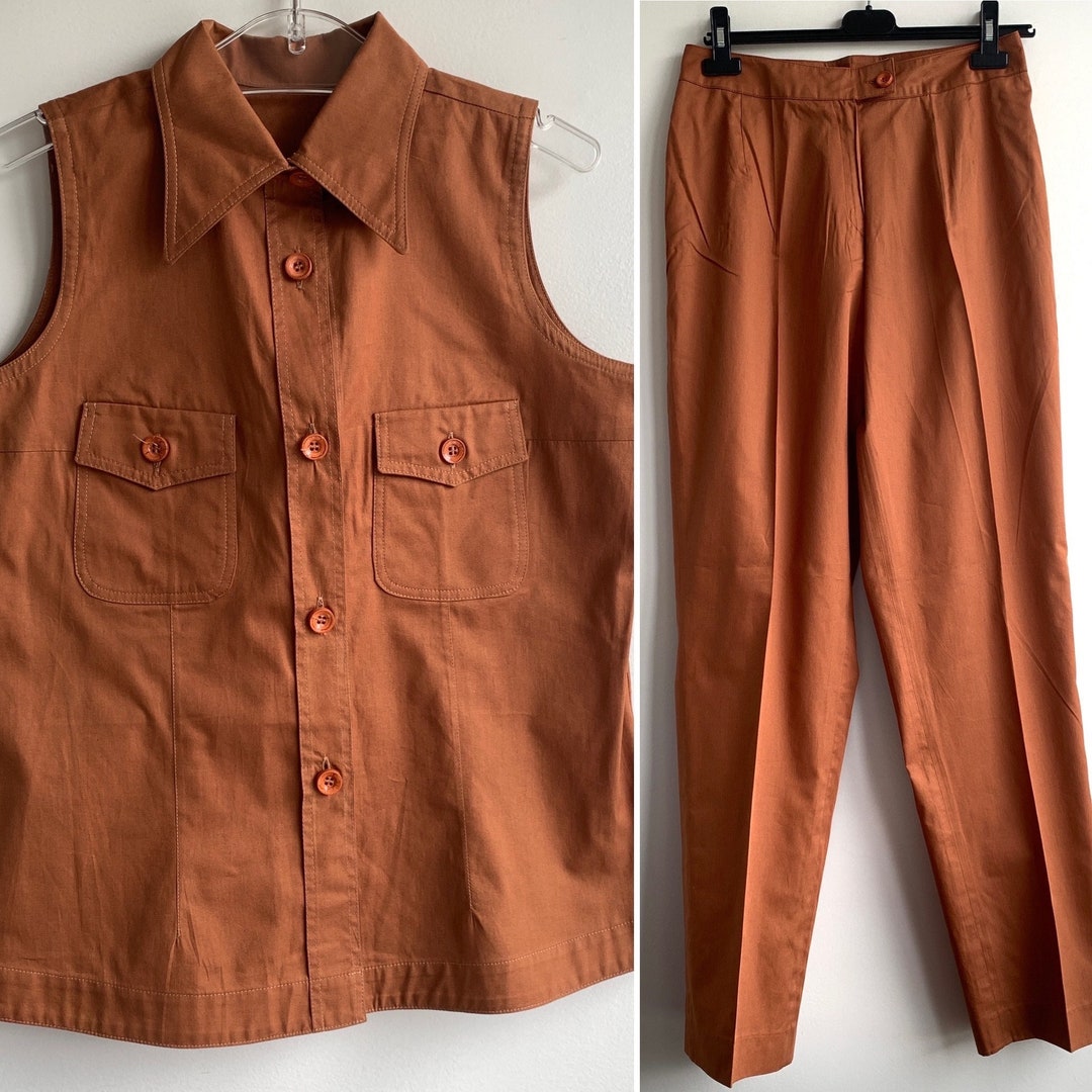 Vintage Rustic Orange Brown Cotton Pant Suit Set Sleeveless Shirt ...