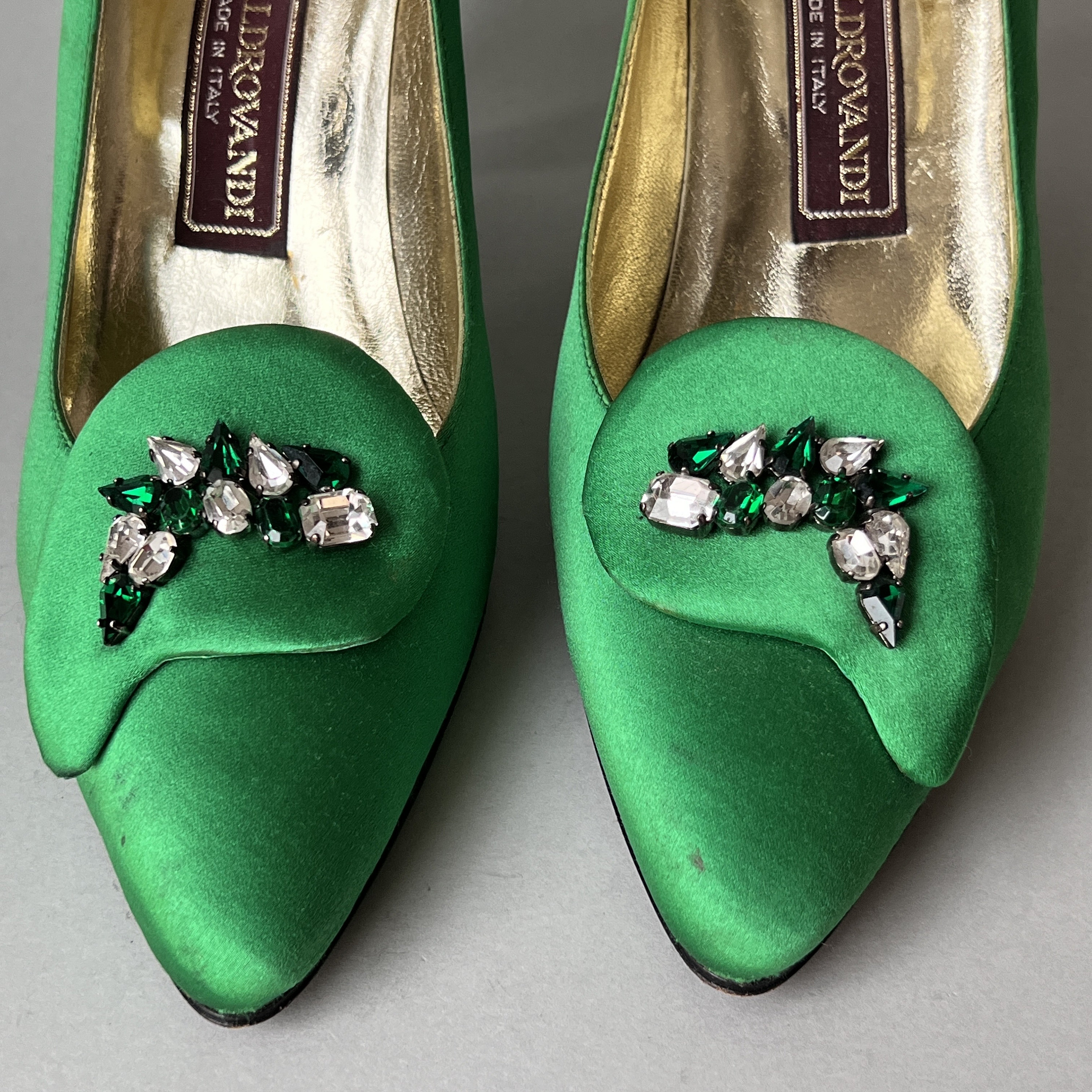 Vintage Emerald Green Satin Heels Gino Aldrovandi Rhinstone Embellished ...