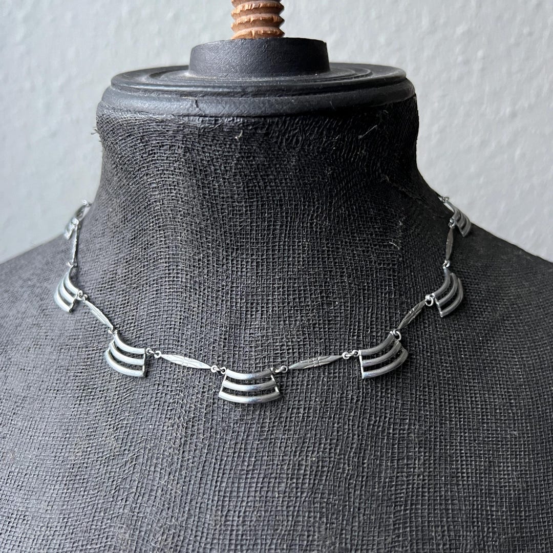 Antique Art Deco Modernist Stainless Steel Choker Chain Etched Link ...