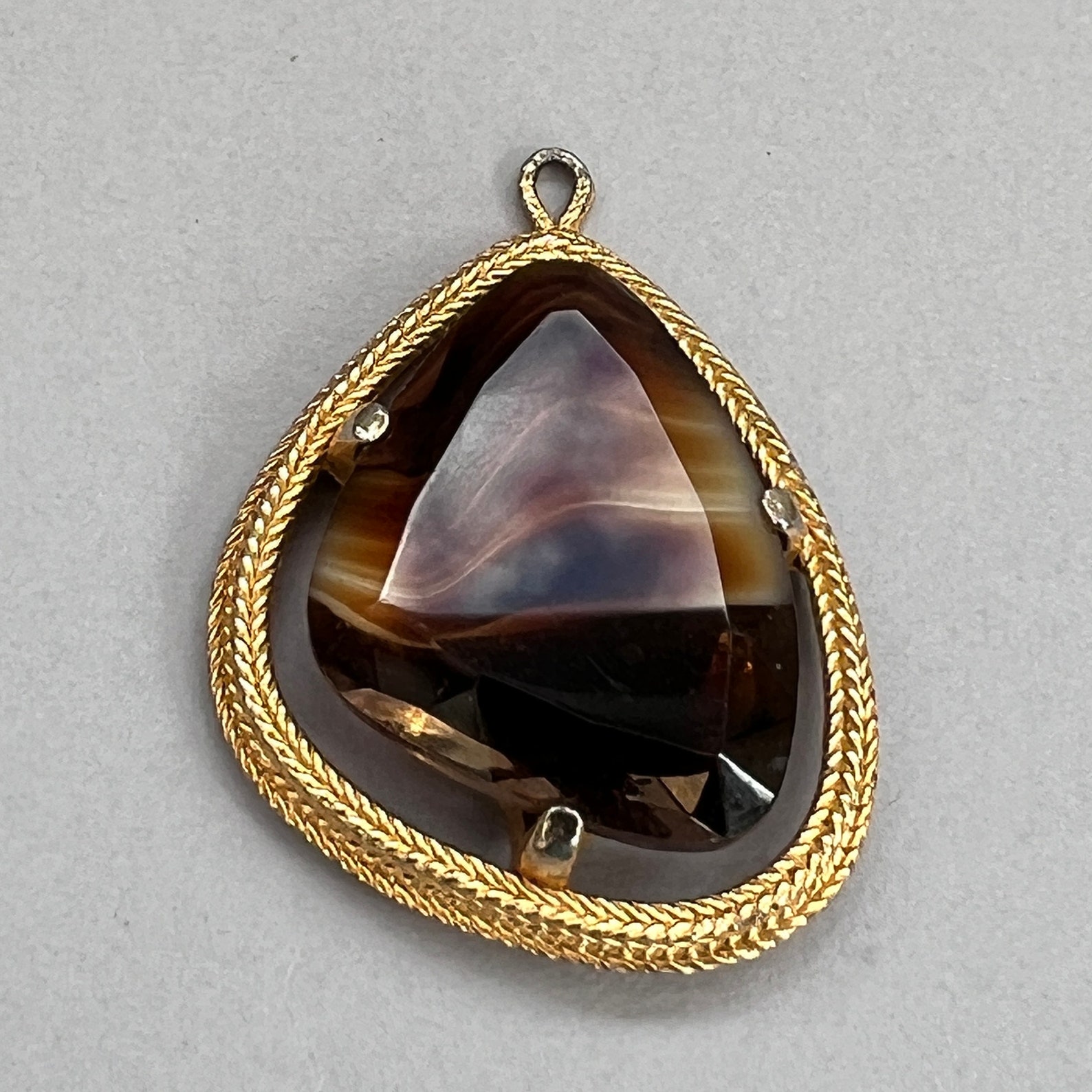 Large Vintage Sphinix Brown Banded Agate Glass Oval Pendant Gold Tone ...