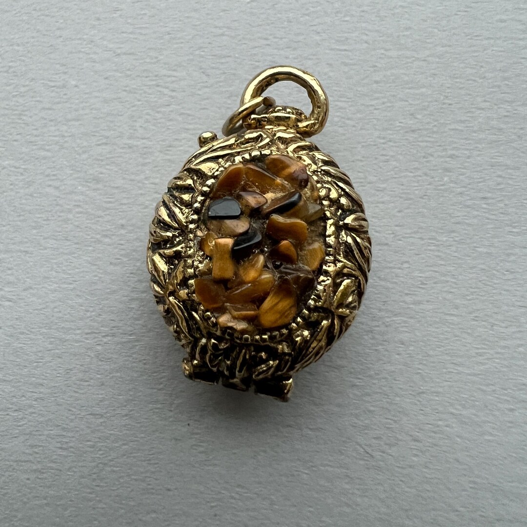 Vintage Ornate Gold Tone Locket Pendant Tigers Eye Stone Accent, Small ...