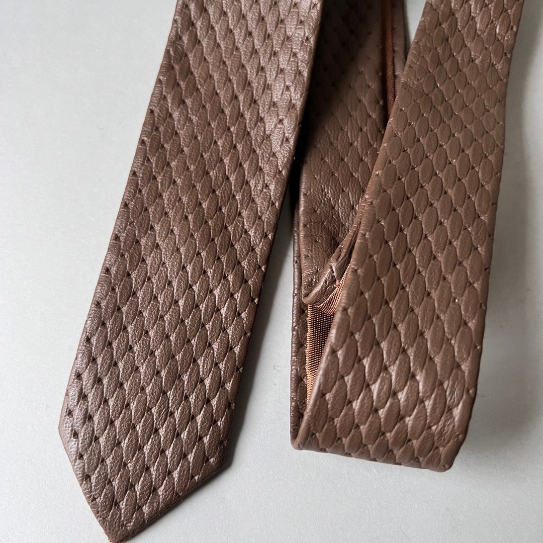 Vintage 80s Men’s Leather Skinny Neck Tie Sandy Brown Satin Lined ...