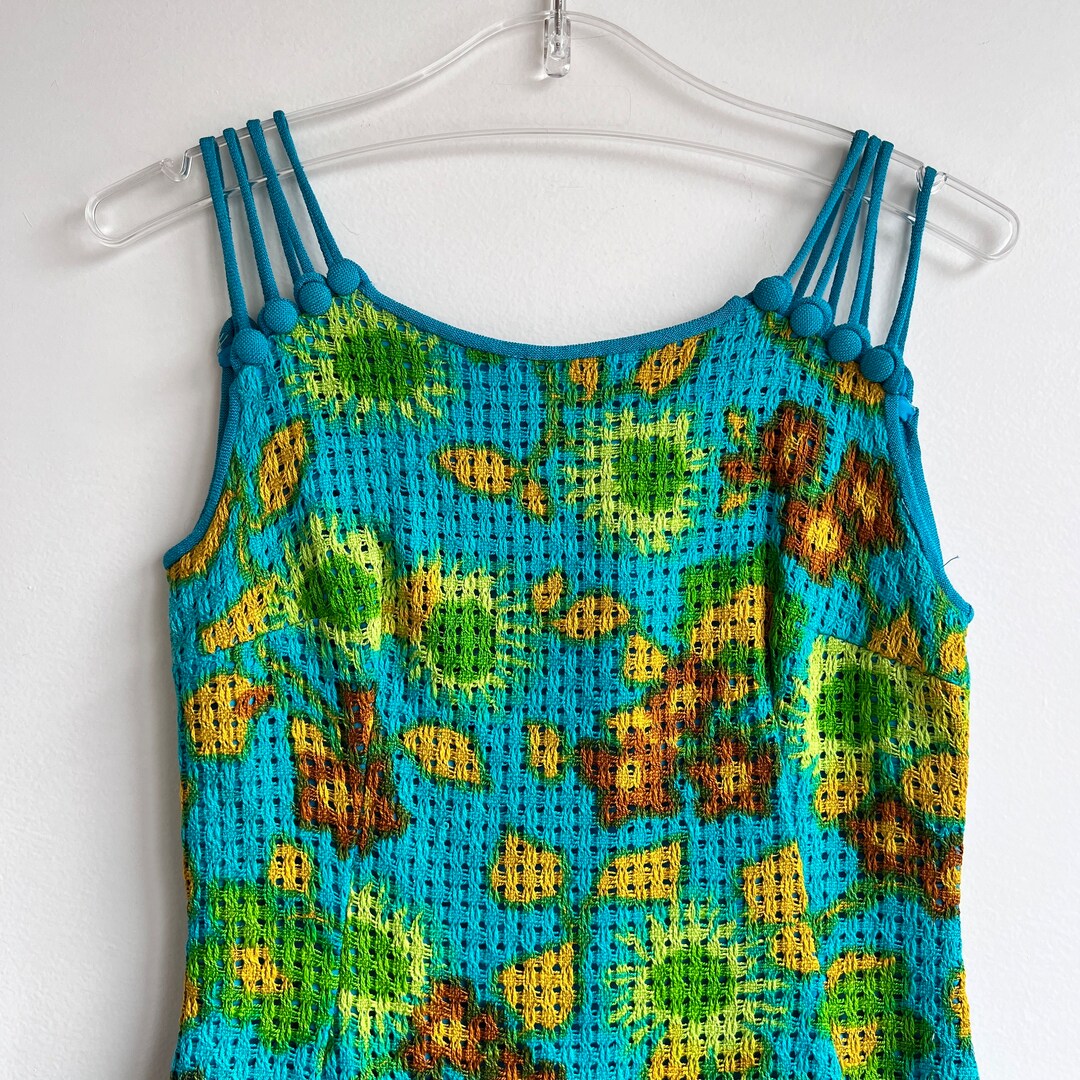 1960s Icon MOD Twee Mini Dress With Pop Blue Green Yellow Sunflower ...