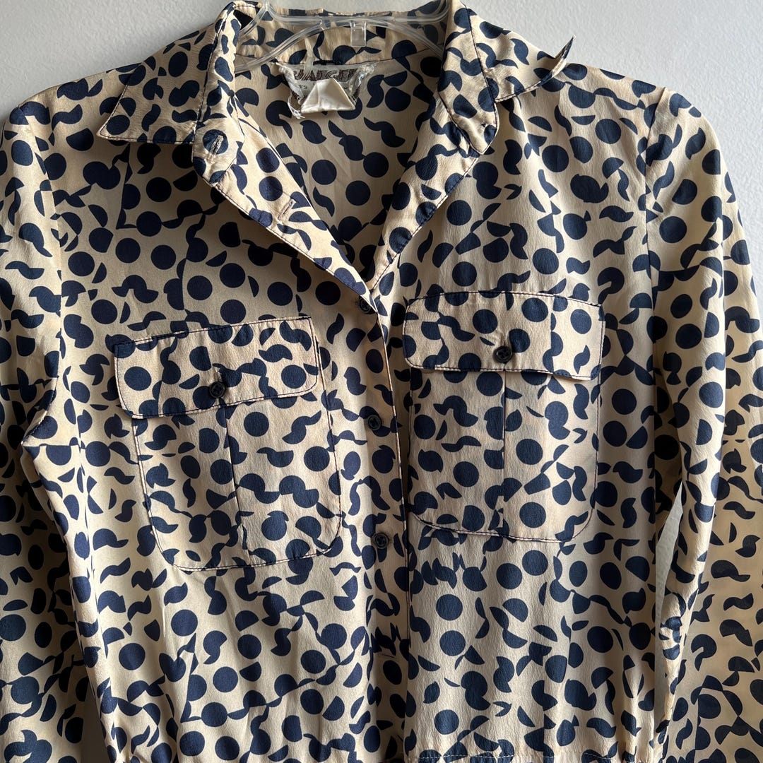 Vintage JAEGER Print Shirt Dress Beige Blue Women S/M Long Sleeve ...