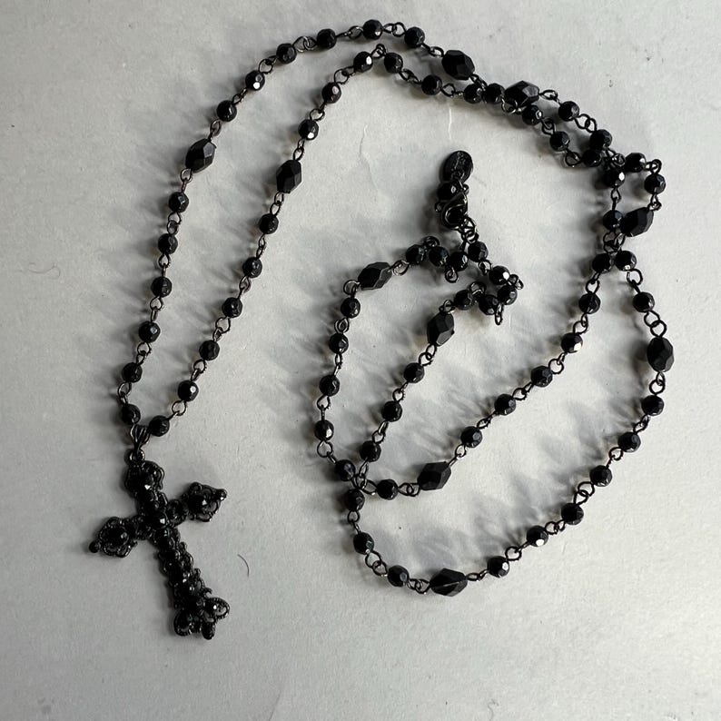 Vintage Black Crystal Rosary Necklace, Religious Catholic Jewelry ...