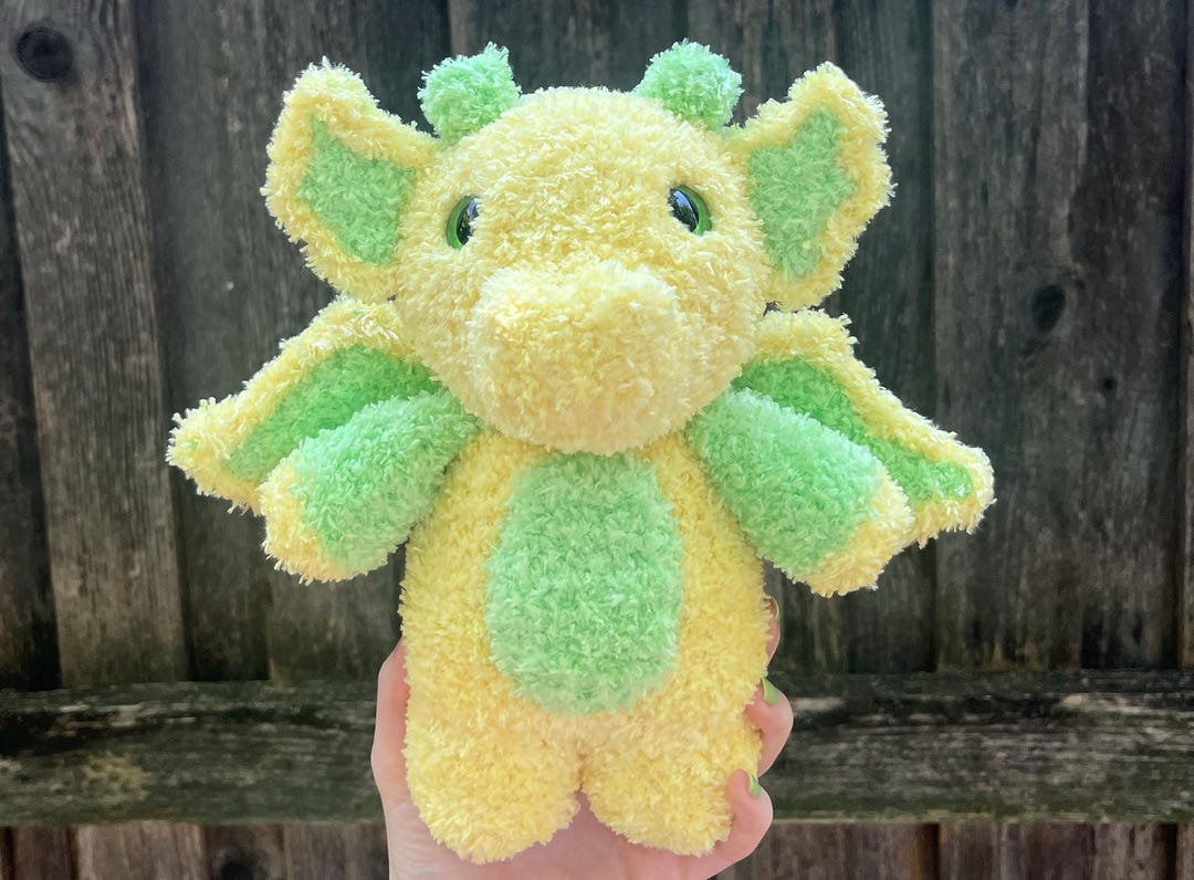 Fluffy Dragon Plushie, Crochet Plush Dragon, Yellow & Green Fuzzy ...