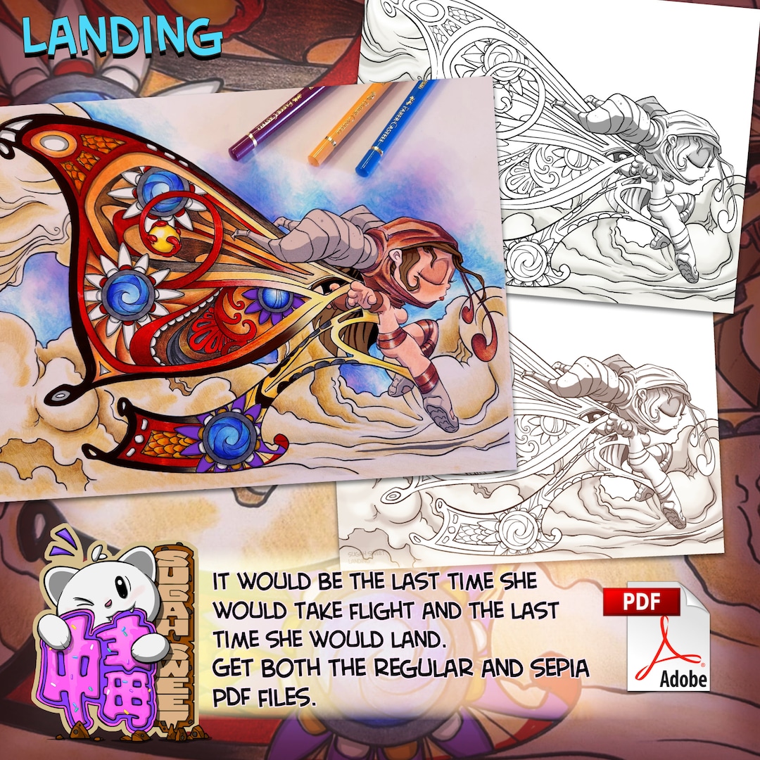 Landing - Cute Butterfly Girl Landing Coloring Page - Instant PDF ...