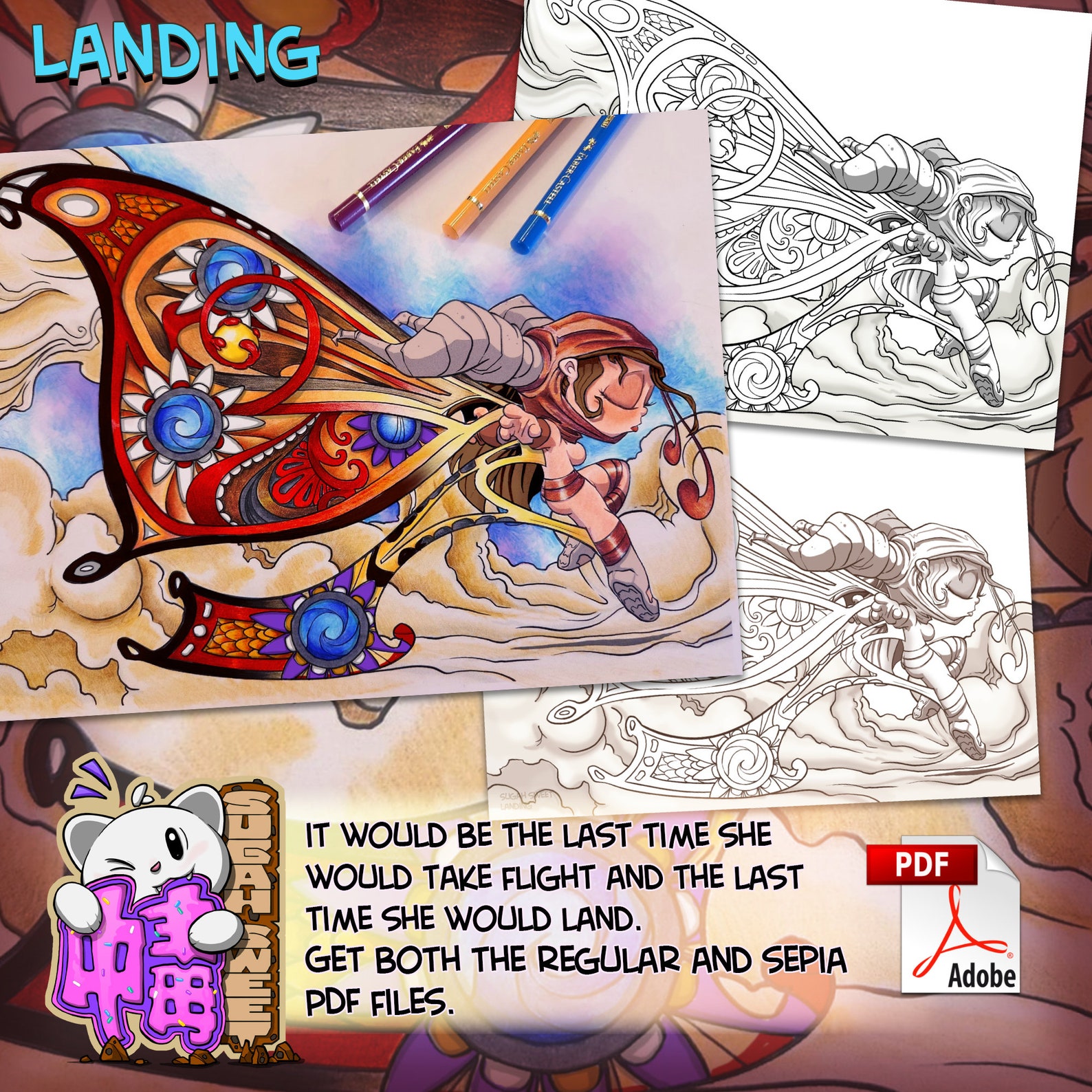 Landing - Cute Butterfly Girl Landing Coloring Page - Instant PDF ...