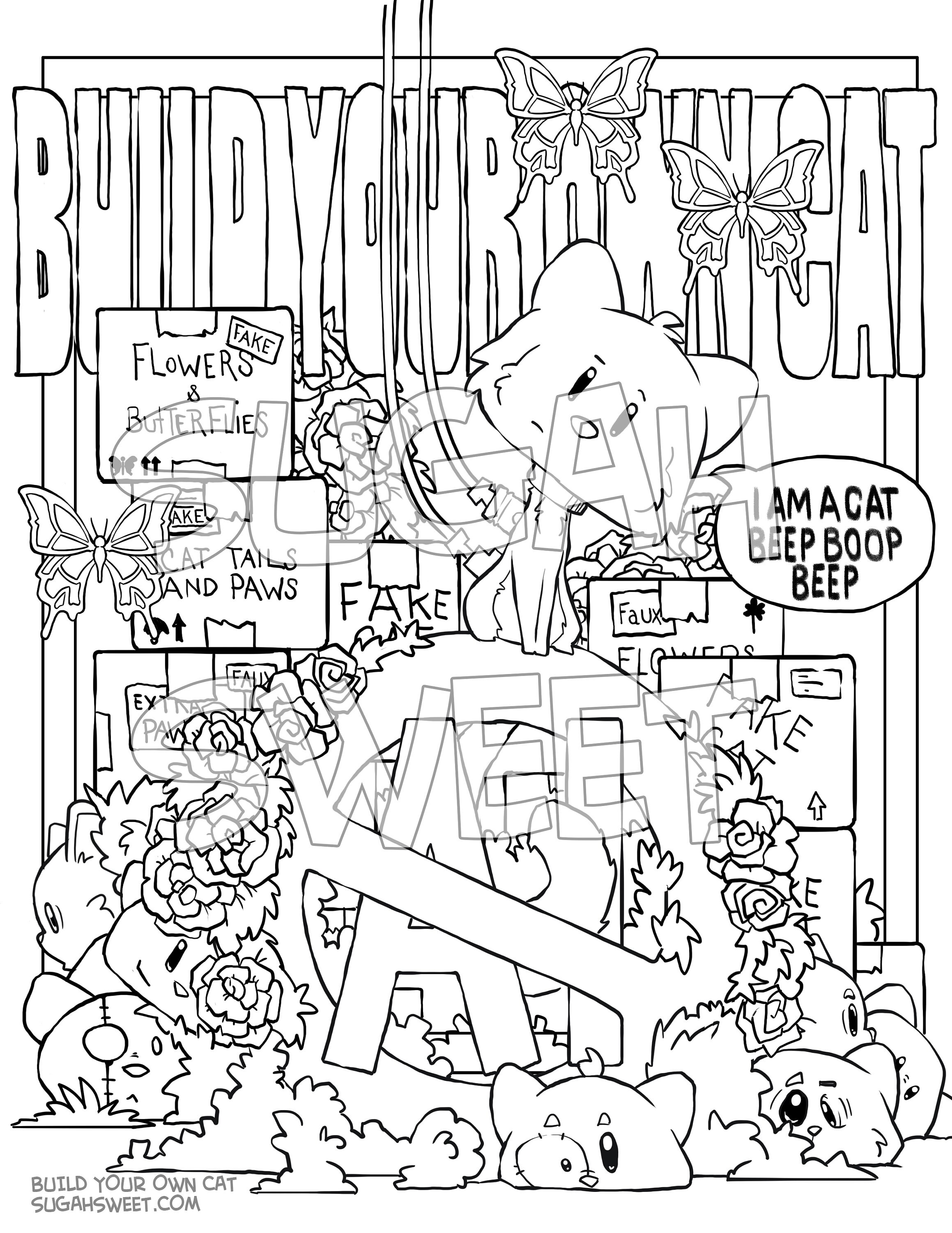 Build Your Own Cat Coloring Page Cute Cat Anti AI Art - Etsy