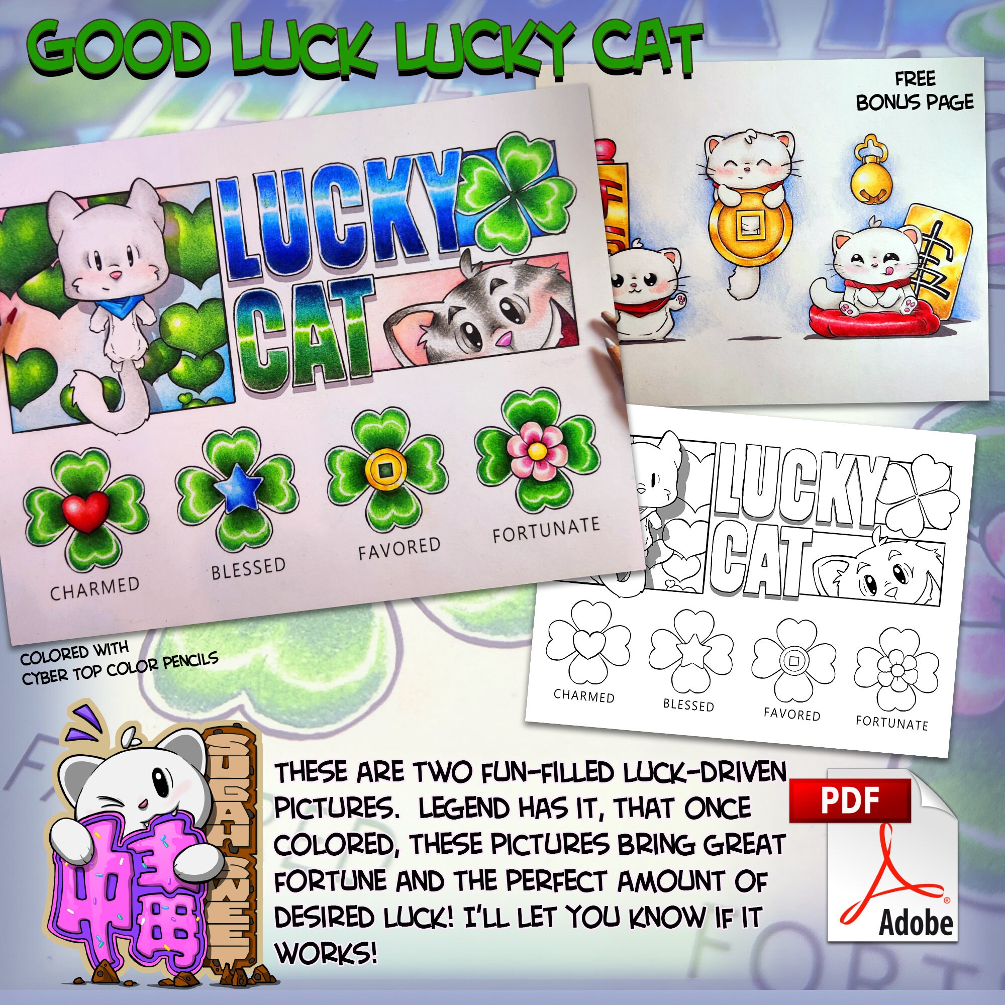 Good Luck, Lucky Cat Coloring Page - Instant PDF Download - Etsy