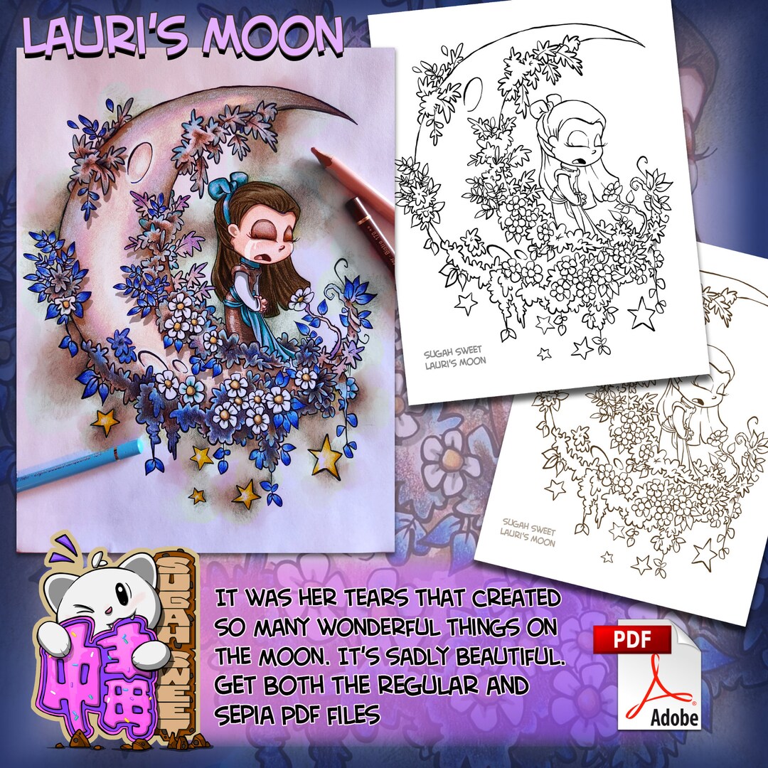 Lauri's Moon Coloring Page - Cute Girl on Moon With Flowers - Instant ...