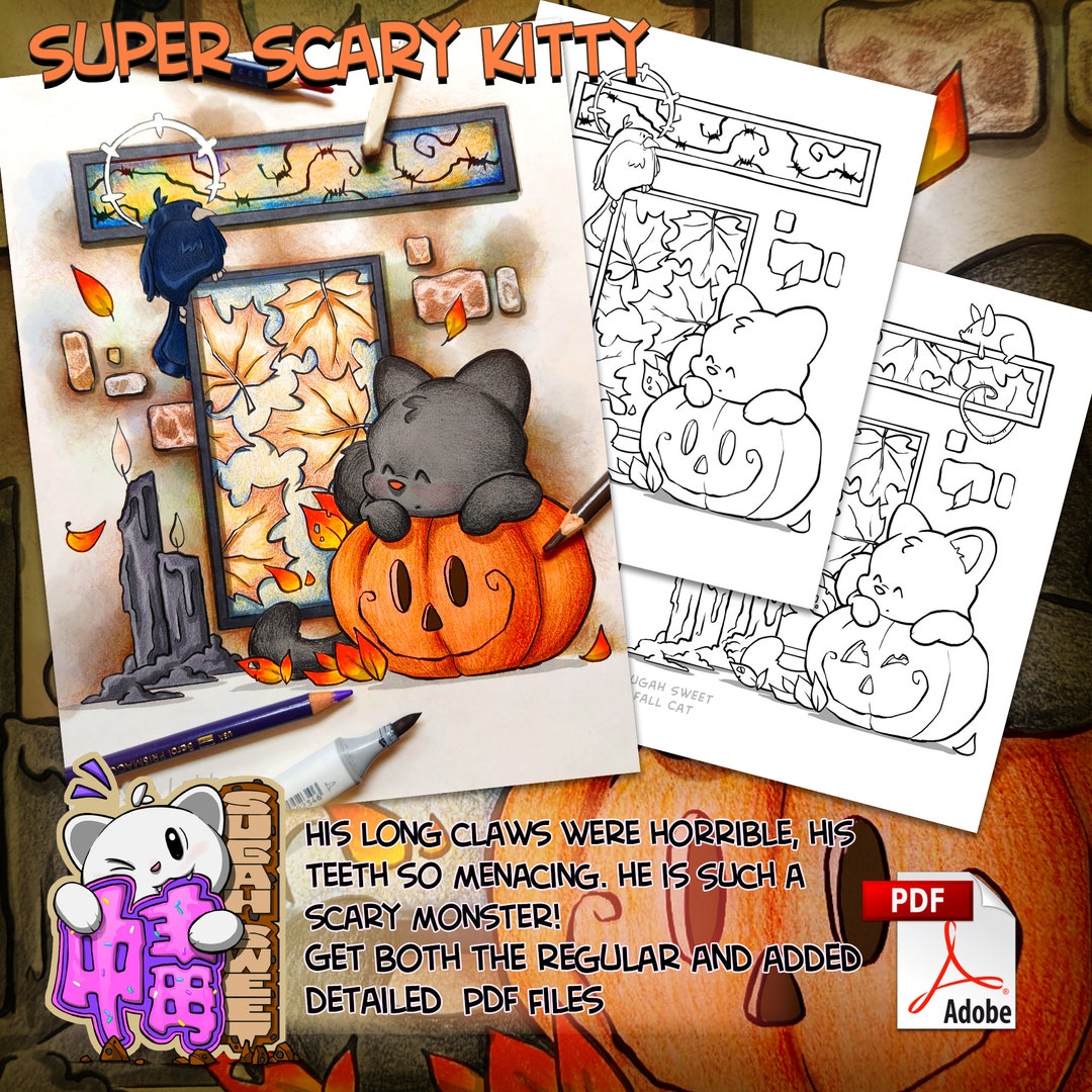 Cute Cat on Pumpkin Fall Coloring Page - Instant PDF Download - Etsy