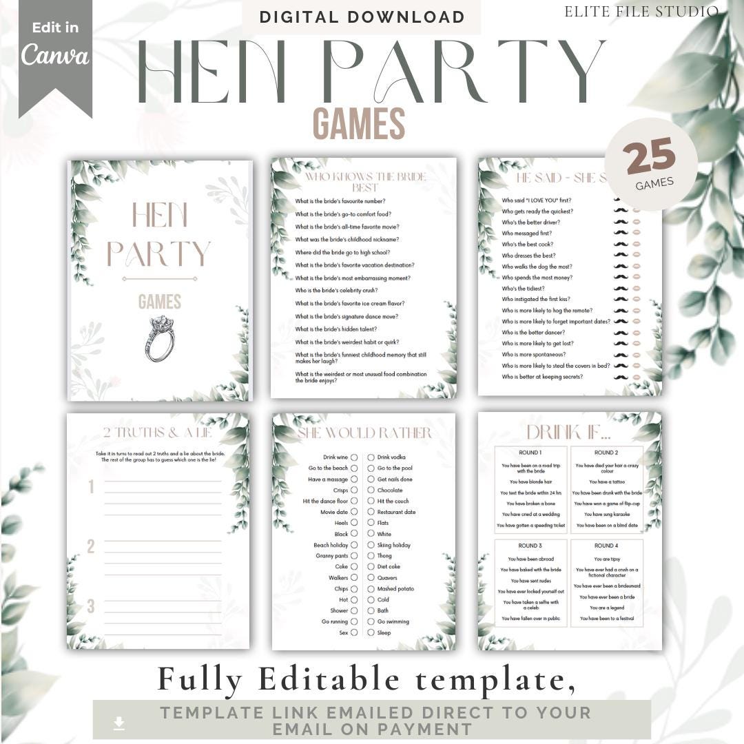 Hen Party Games, 25 X Games Plus Answers, Bridal Shower Games, Hen ...