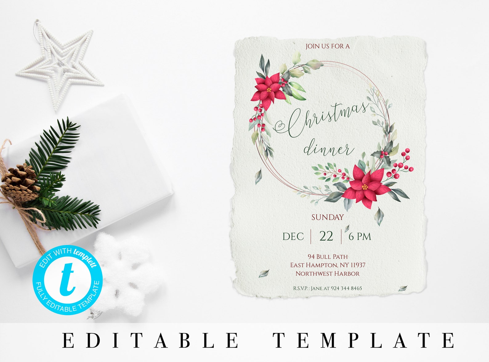 Editable Christmas Dinner Invitation Template Poinsettia - Etsy