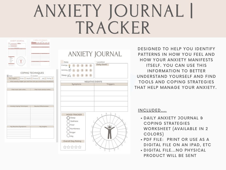 Printable Anxiety Tracker Journal Digital Anxiety Worksheet Therapy ...
