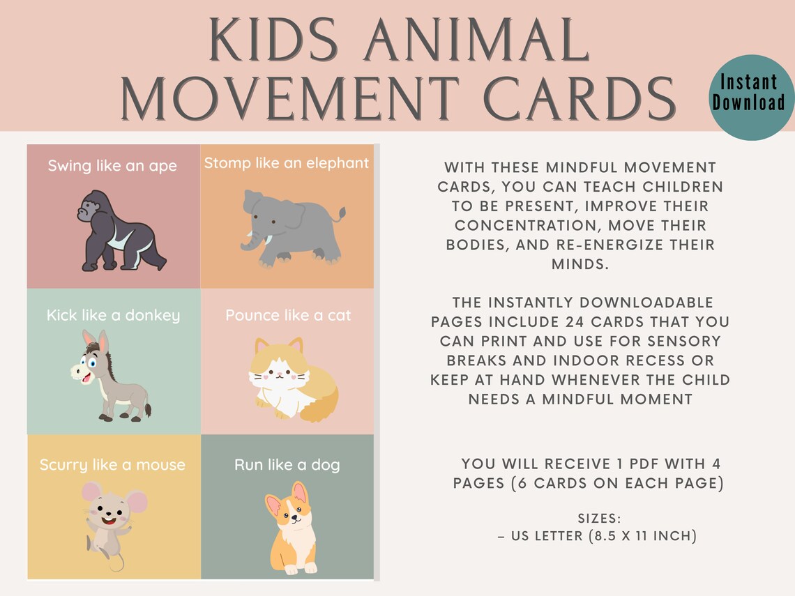 Animal Movement Cards Kid Physical Activity Action Cards Circle Time ...