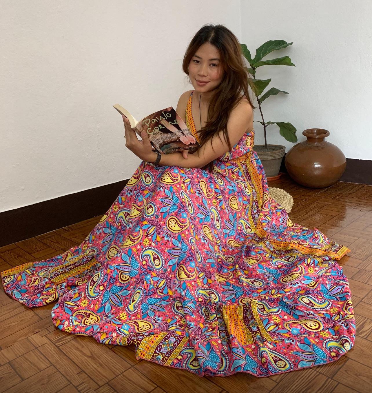 Boho Seide Maxikleid, fließendes Paisley Print Vintage Vibe Kleid ...