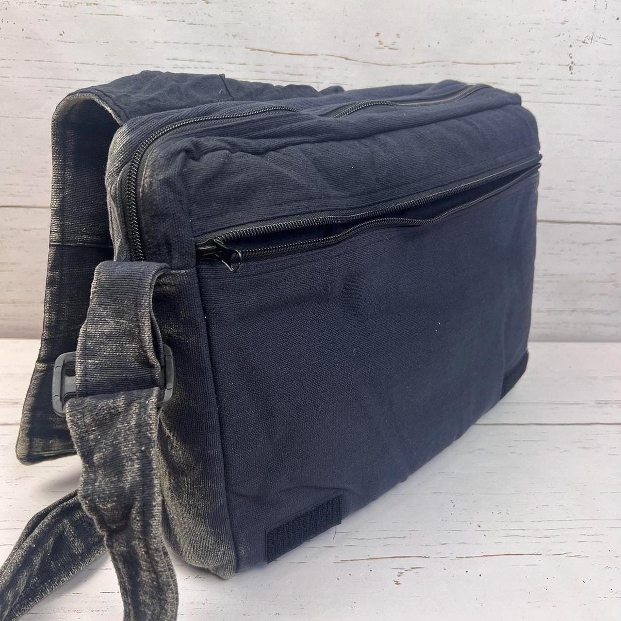 Black Stone-washed Embroidered Messenger Bag,unisex Cotton Black Stone-washed Embroidered Messenger Bag,unisex Cotton