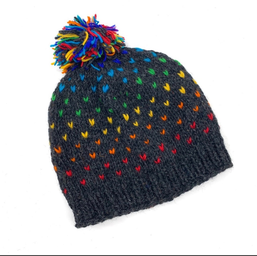 Hand Knitted Rainbow Wool Beanie, Colorful Winter Accessories, 100% ...