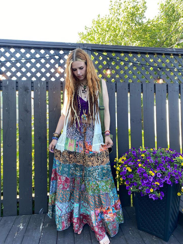 Bohemian Patchwork Dress/ Long Maxi Hippie Skirt/ Smocked Ruched Dress ...