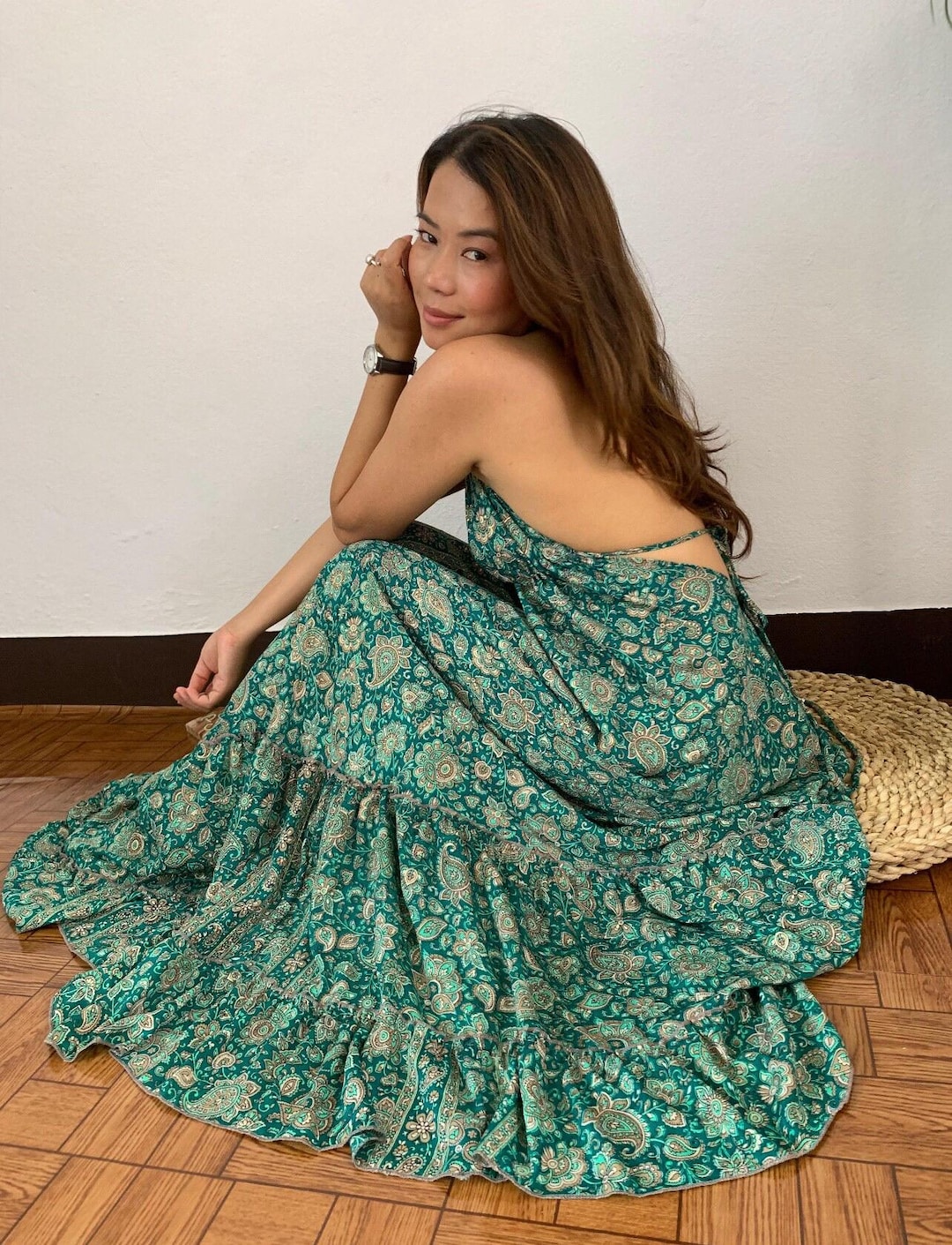 Flowy Open Back Maxi Dress,sleeveless Floral Pattern 70s Dress, Boho ...