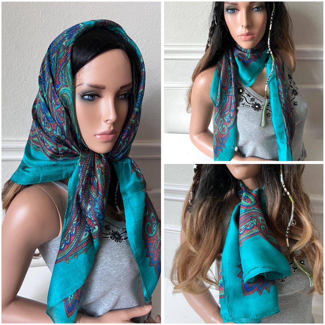 Paisley Print Silk Scarves, 70s Bandanna, Silk Boho Hippie Festival ...