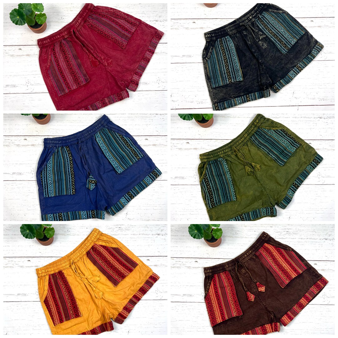 Bohemian Hippie Lightweight Cotton Shorts, Stonewashed Organic Cotton ...