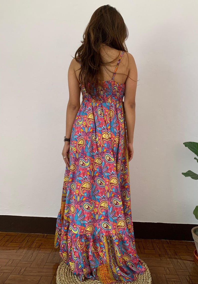 Boho Silk Maxi Dress, Flowy Paisley Print Vintage Vibe Dress, Long ...