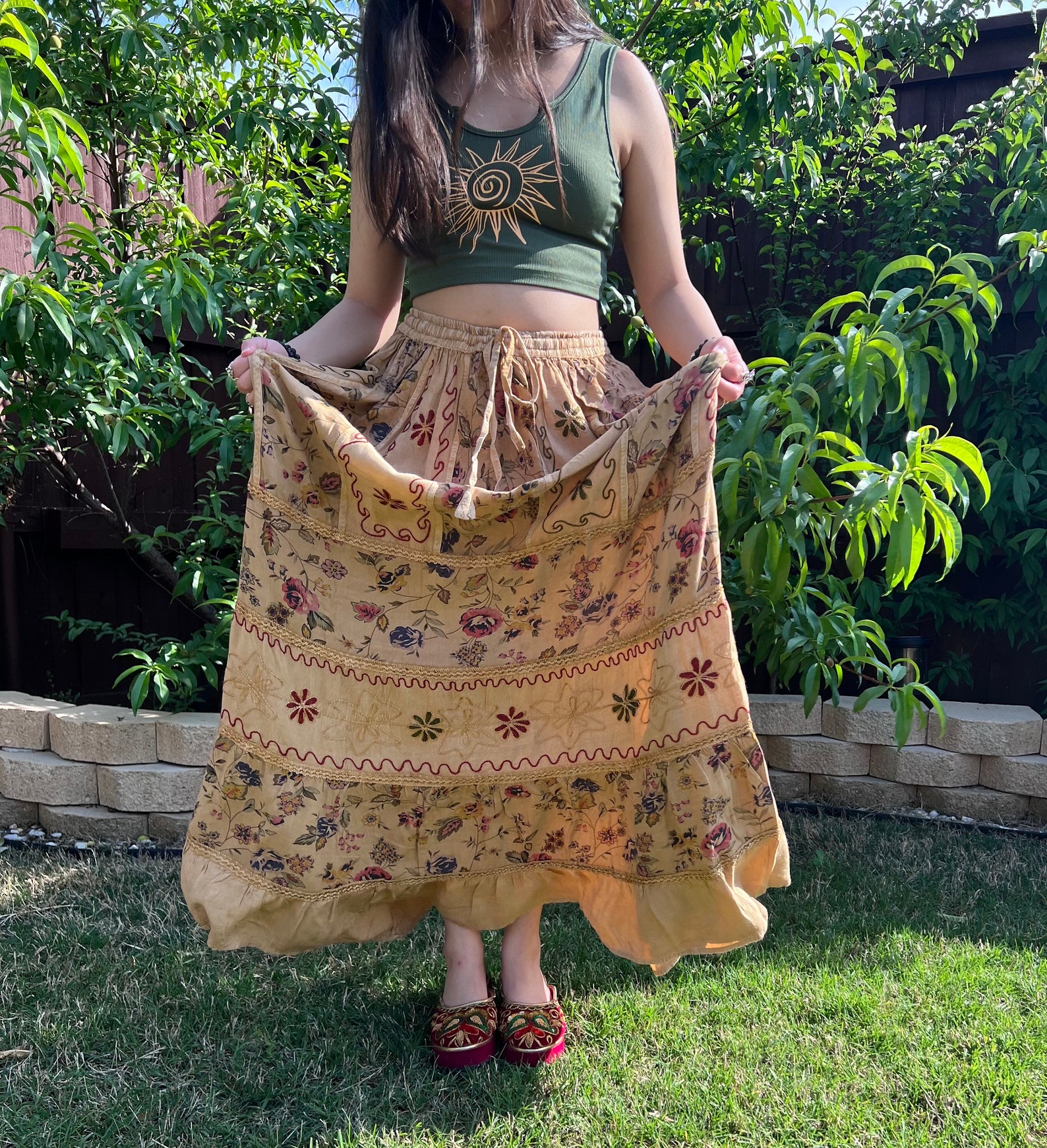 Vintage Style Bohemian Hippie Embroidered Skirt, Cottage Core Fairy ...