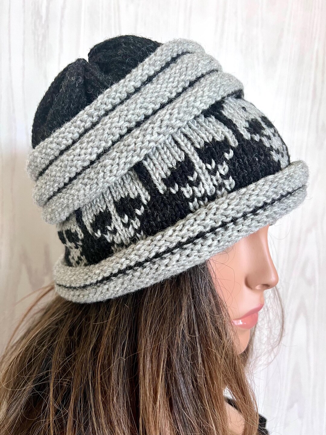 Slouch Hand Knitted Skull Pattern Beanie, Halloween Gothic Vibe ...