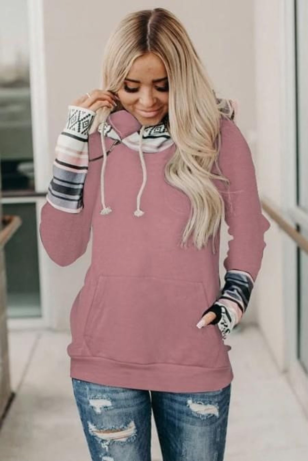 Pink Double Hoods Thumb Hole Hoodie - Etsy