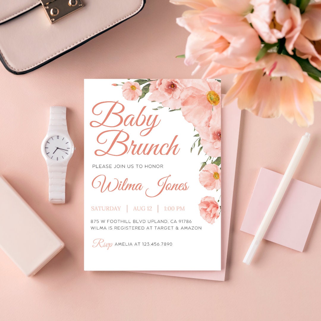 Pink Floral Baby Brunch Invitation | Girl Baby Shower Invitation ...
