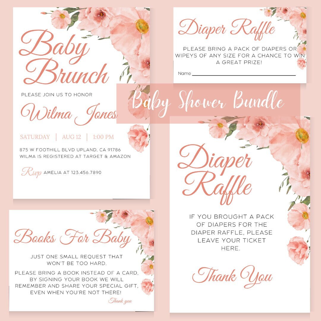 Pink Floral Baby Brunch Invitation Bundle | Girl Baby Shower Invitation ...