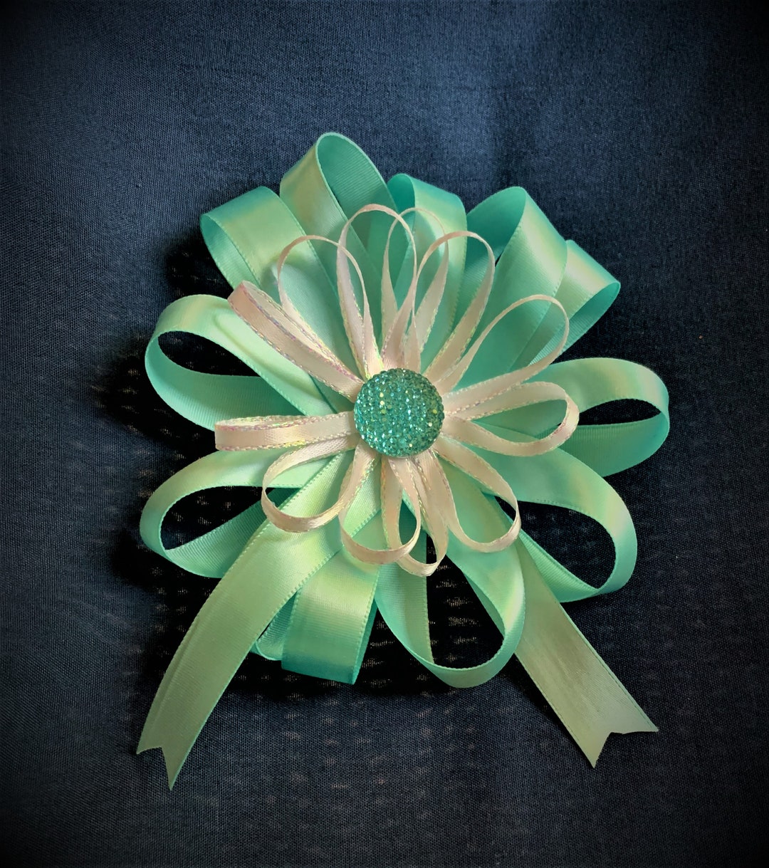Big Light Turquois and White Ribbon Hair Bow - Etsy