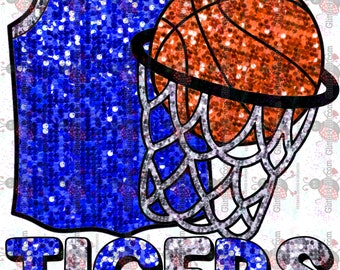 Tigers Basketball Blue and White Faux Embroidery Faux Sequin Mascot ...