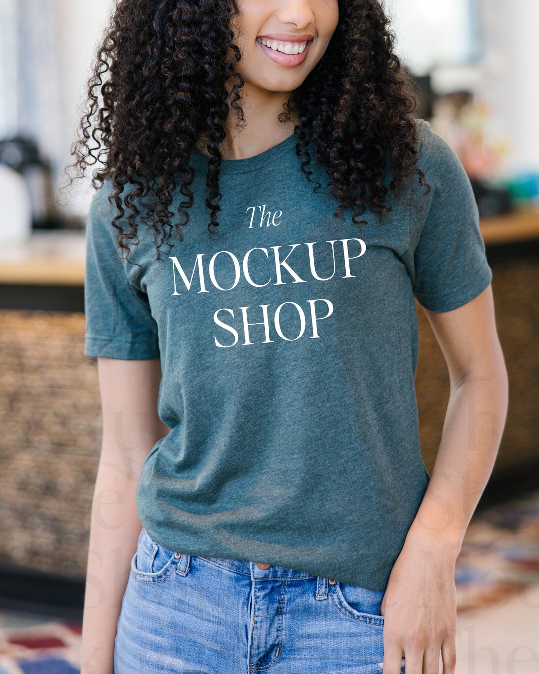 Bella Canvas 3001 Heather Forest Mockup, Dark Green Crewneck Model ...