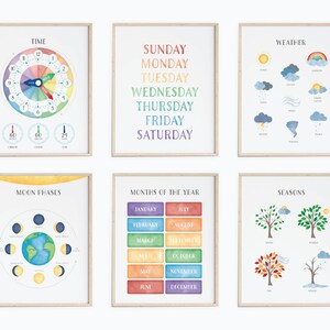 6 Educational Posters, Weather, Seasons, Days of the Week, Months, Time ...