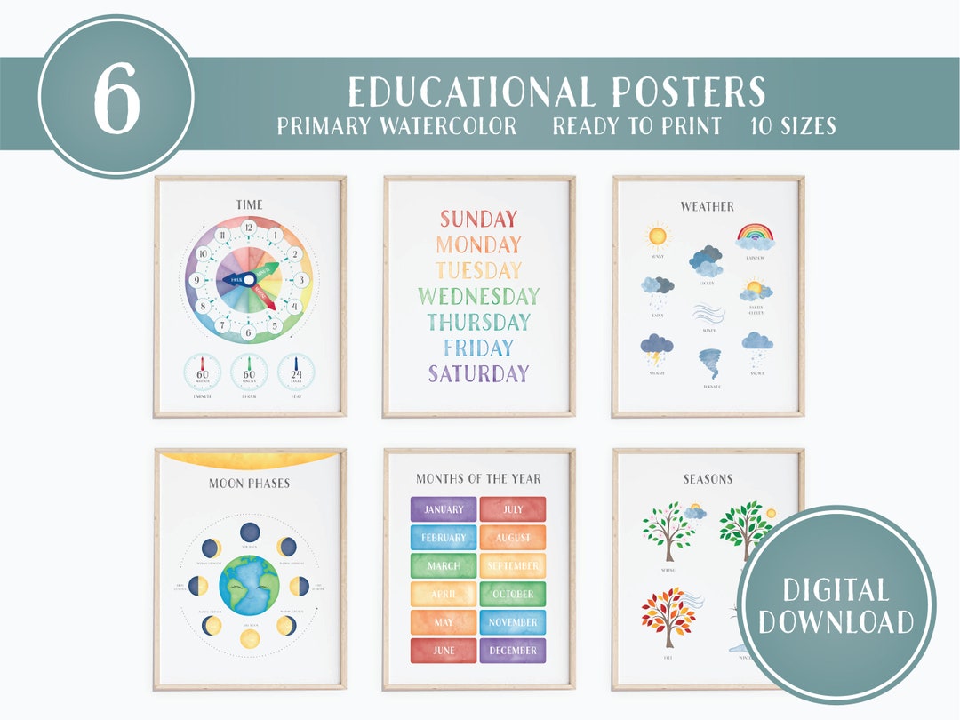 6 Educational Posters, Weather, Seasons, Days of the Week, Months, Time ...