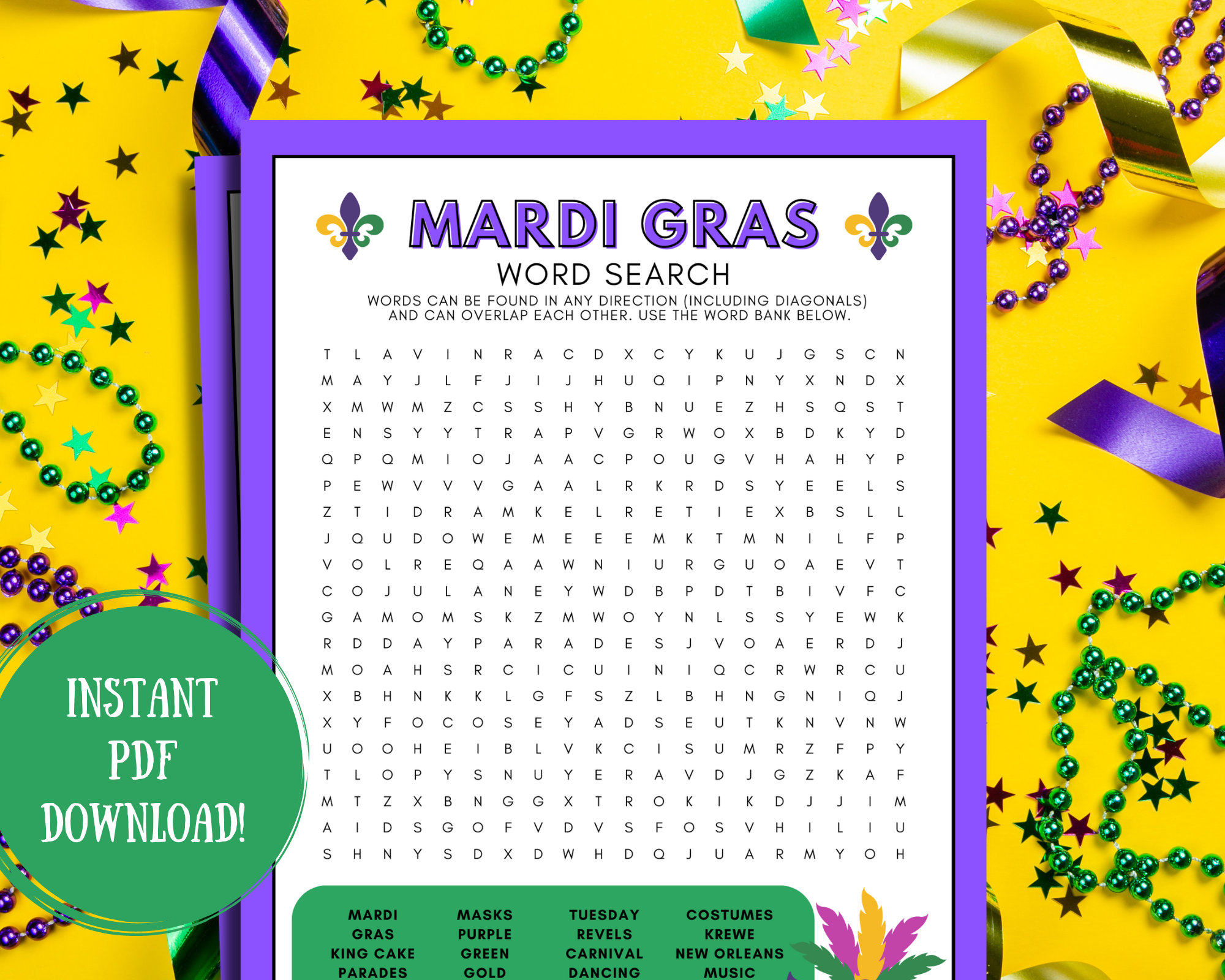 Mardi Gras Word Search, Themed Party Games, Printable Word Search Game ...